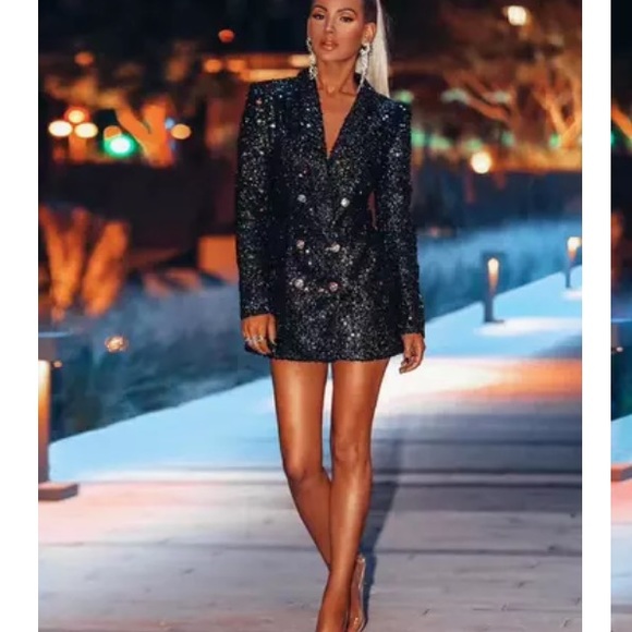 Dresses | New Sexy Black Sequin Button Embellished Long Sleeve Deep V ...